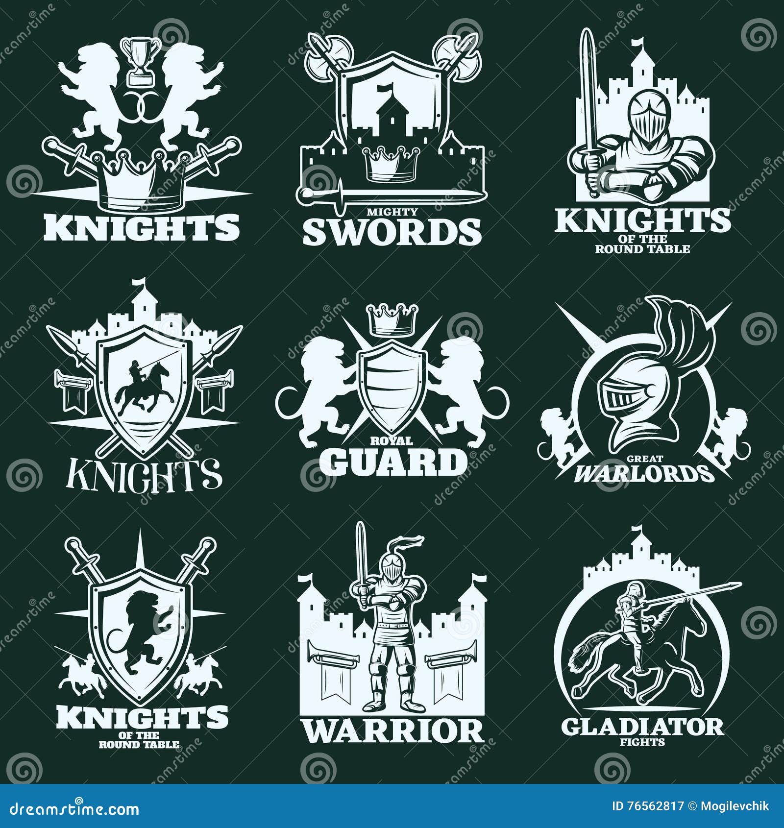 Set Of Monochrome Knights Emblems, Badges, Labels And Logos Medieval ...