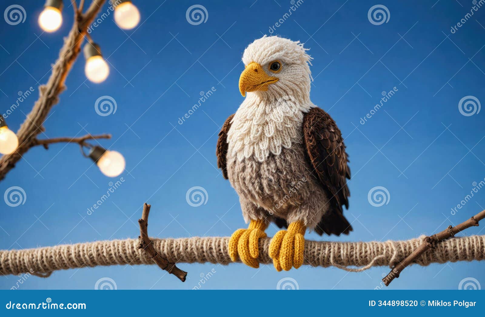 A Knitted Bald Eagle Sits on a Branch with String Lights in the ...