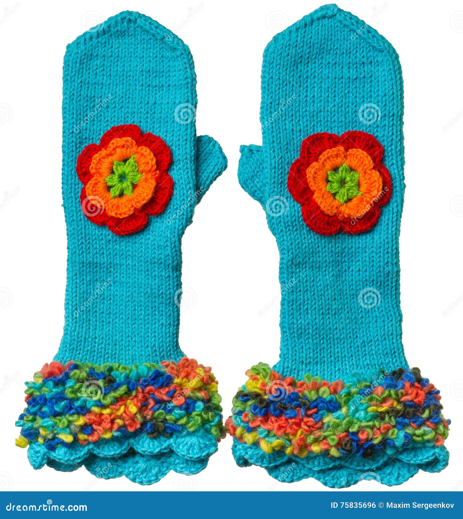 Knitted Blue Mittens with Flowers Stock Photo - Image of isolated ...