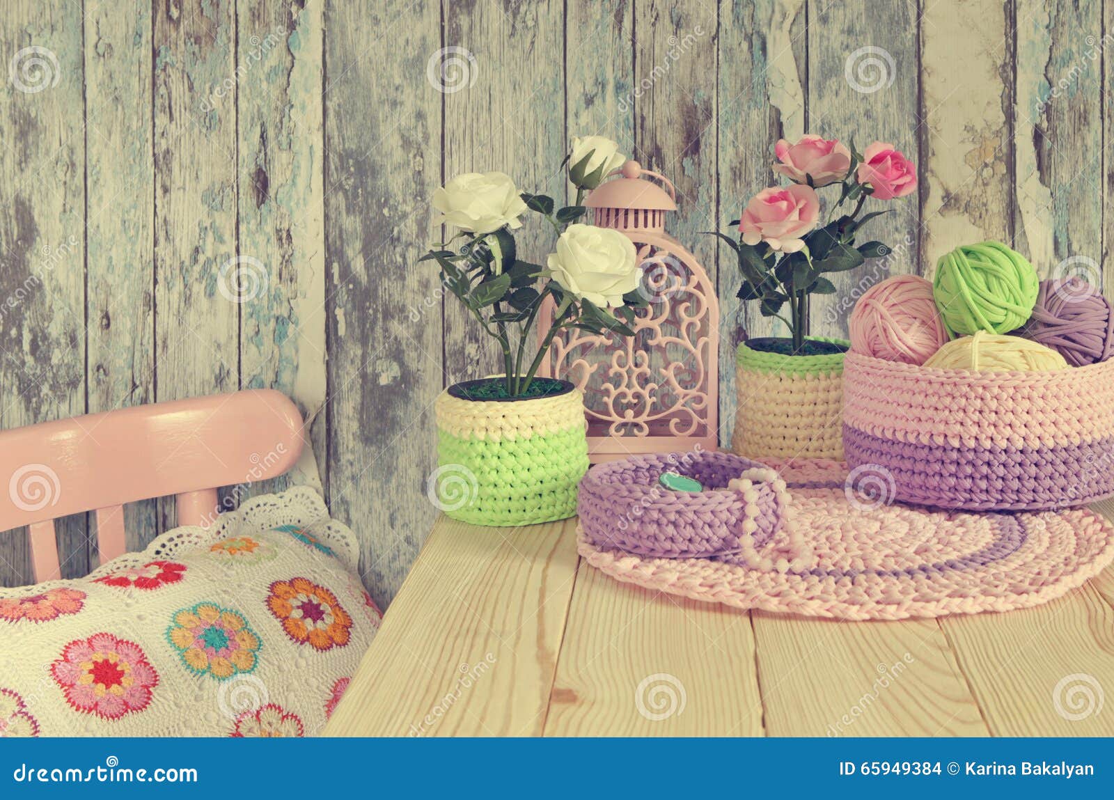 Knitted Decor Ideas for Home.Crochet Baskets,Doilies,Pillow Stock Photo ...