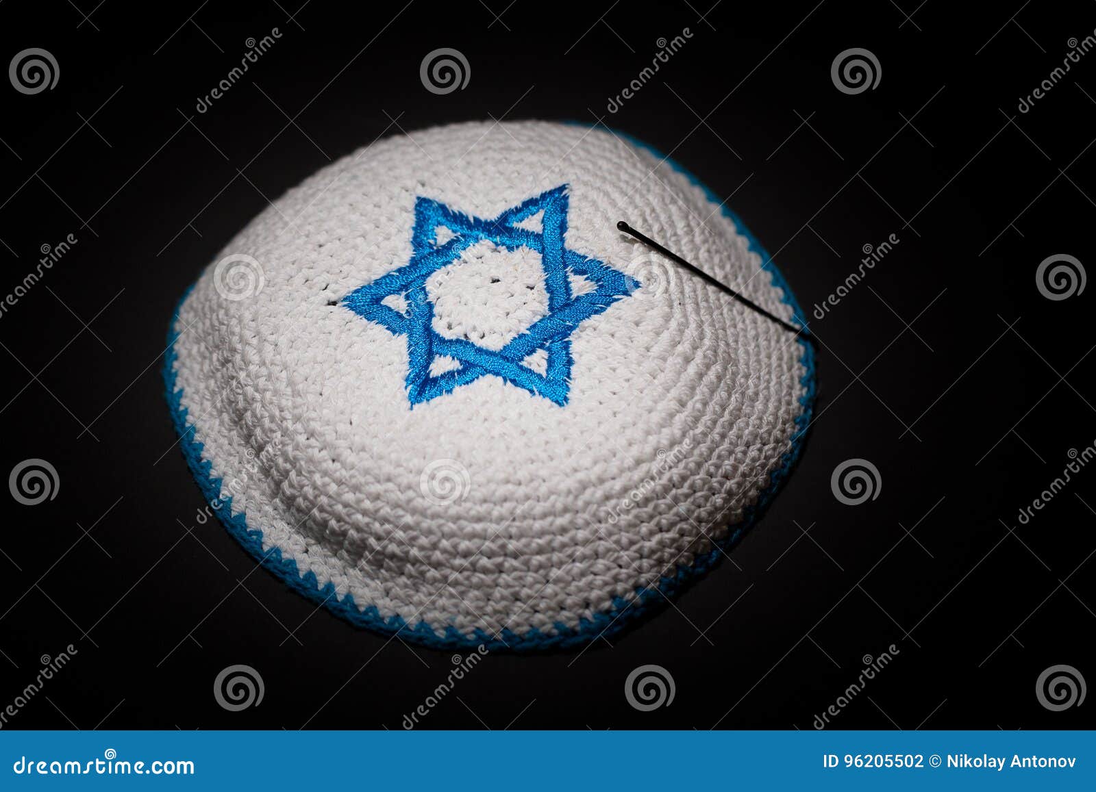 Knitted Kippah with Blue David Star on Black Background Close Up. Seder ...