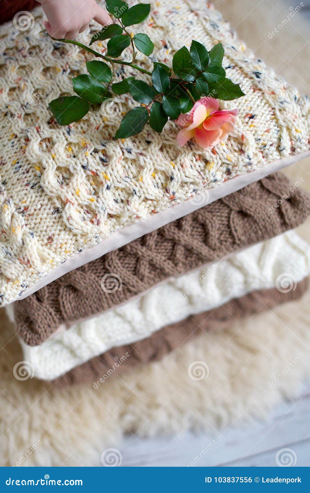Knitted Pillows with a Pile Stock Photo - Image of textiles, soft ...