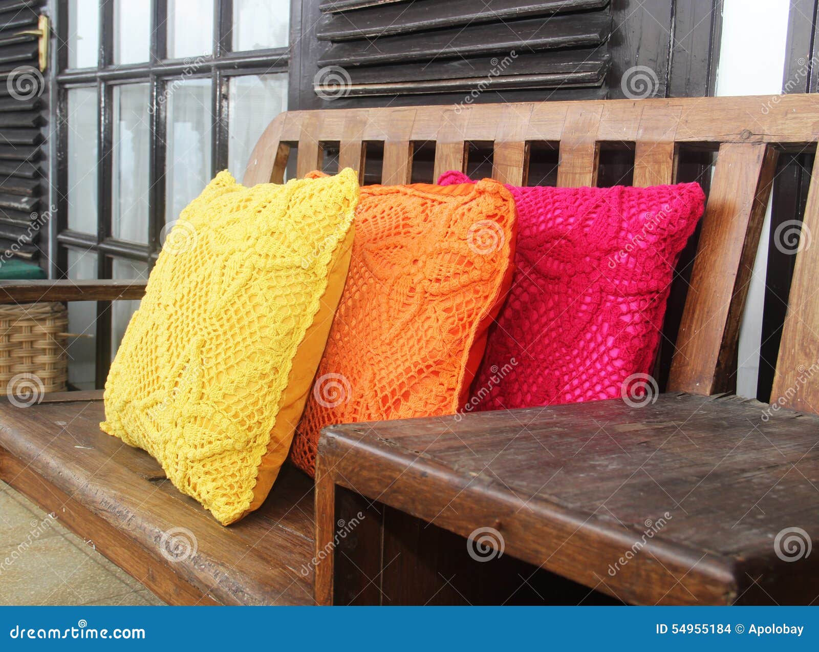 Knitted Pillows on a Wooden Bench Stock Photo - Image of decoration ...