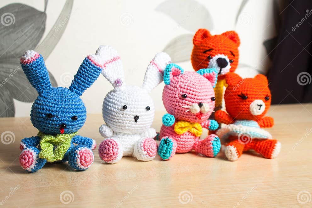 Knitted Toy Cat, Bear, Rabbit, Hare, Handmade Stock Photo - Image of ...