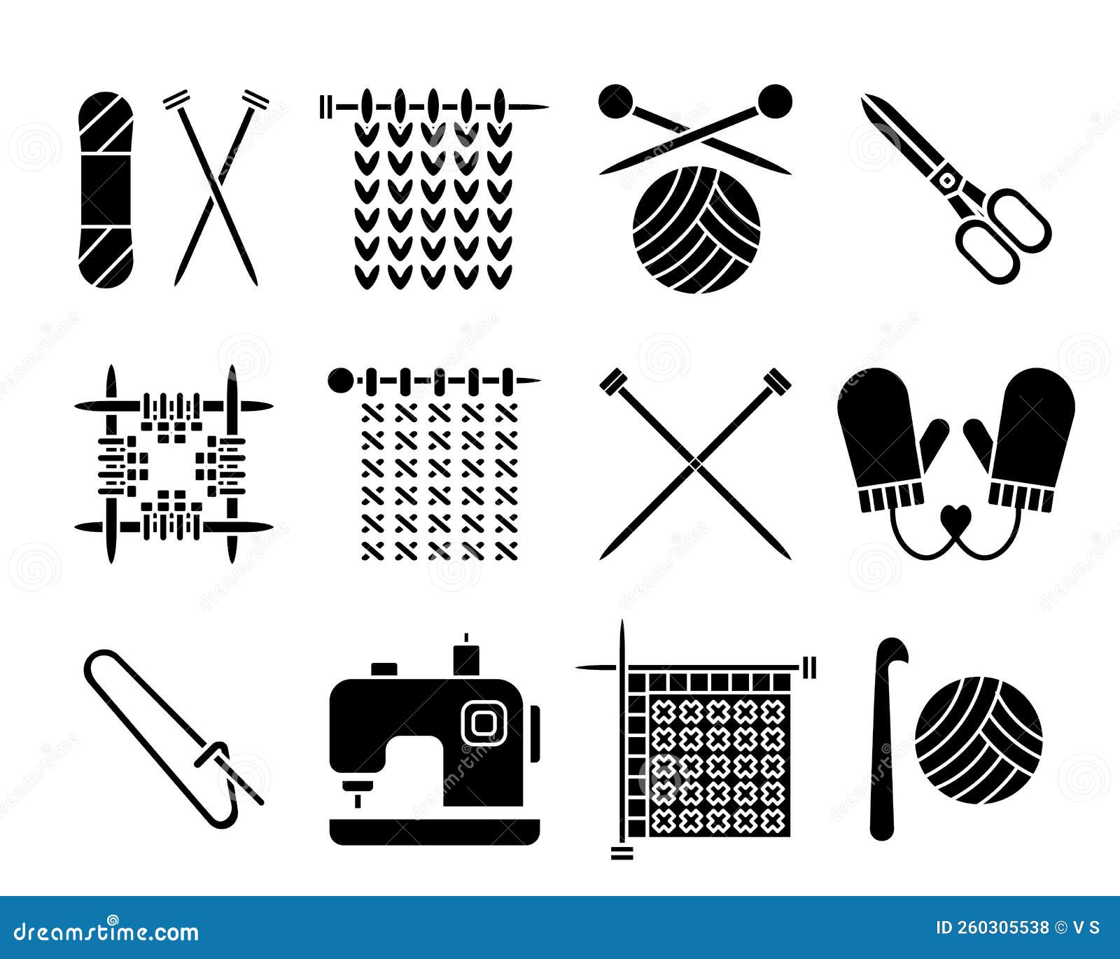 Knitting, Black Icons Set. Crochet Knitting Machine with Needle Threads ...