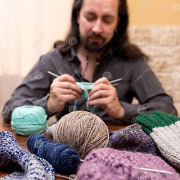 Knitting Man with Lot of Wool Stock Photo - Image of knitting ...