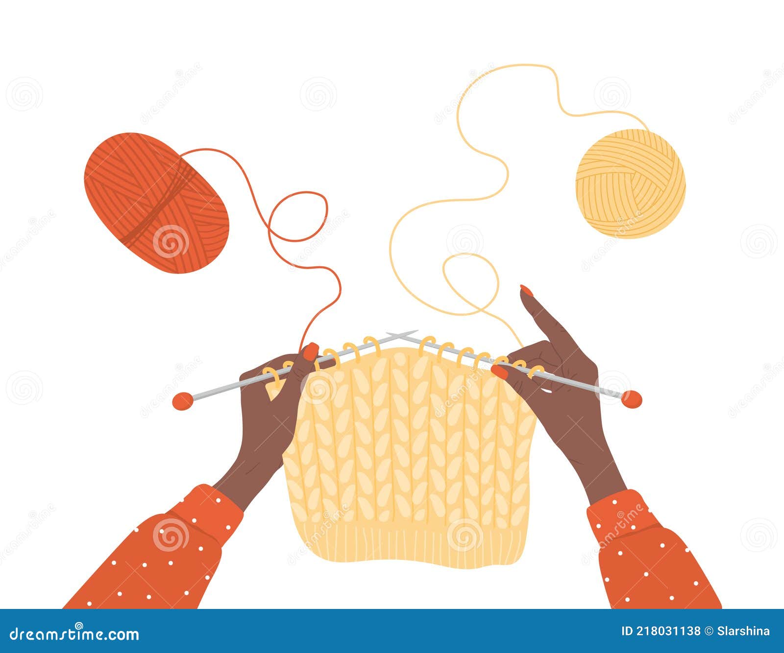 Knitting Process. Balls of Yarn. African Female Hands with Needles and ...