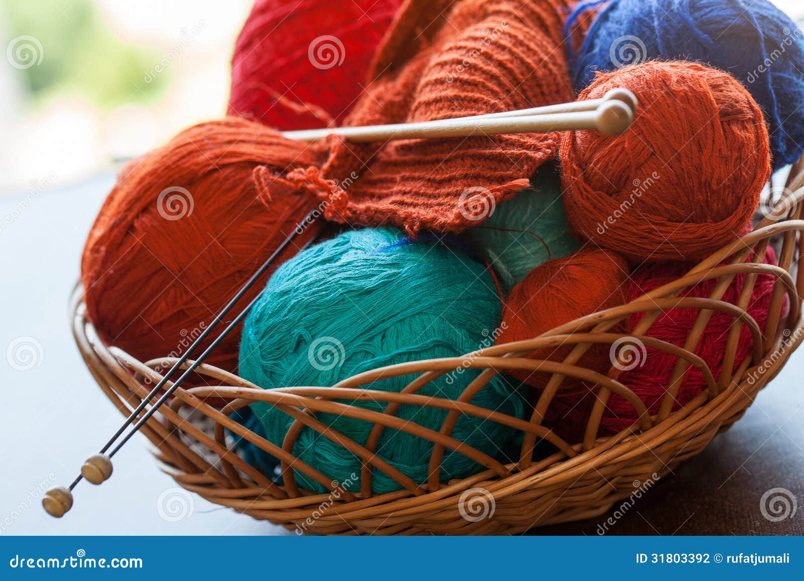 Knitwork Tools and Thread Balls in a Basket Stock Photo - Image of ...