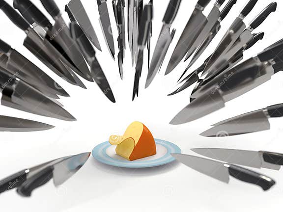 Knives attack a cheese stock illustration. Illustration of danger ...