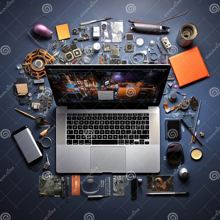Knolling of Software Developer Tools Laptop in Center Light Background ...