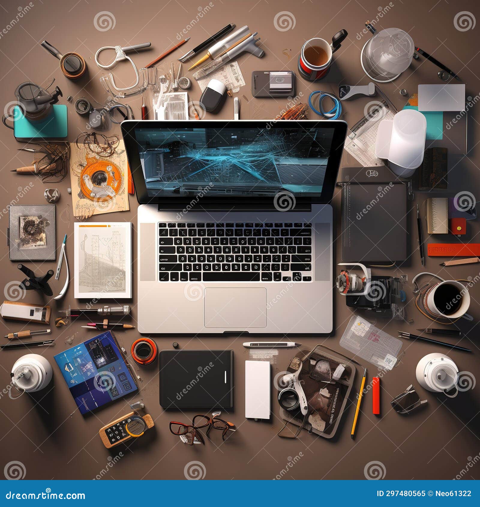 Knolling of Software Developer Tools Laptop in Center Light Background ...