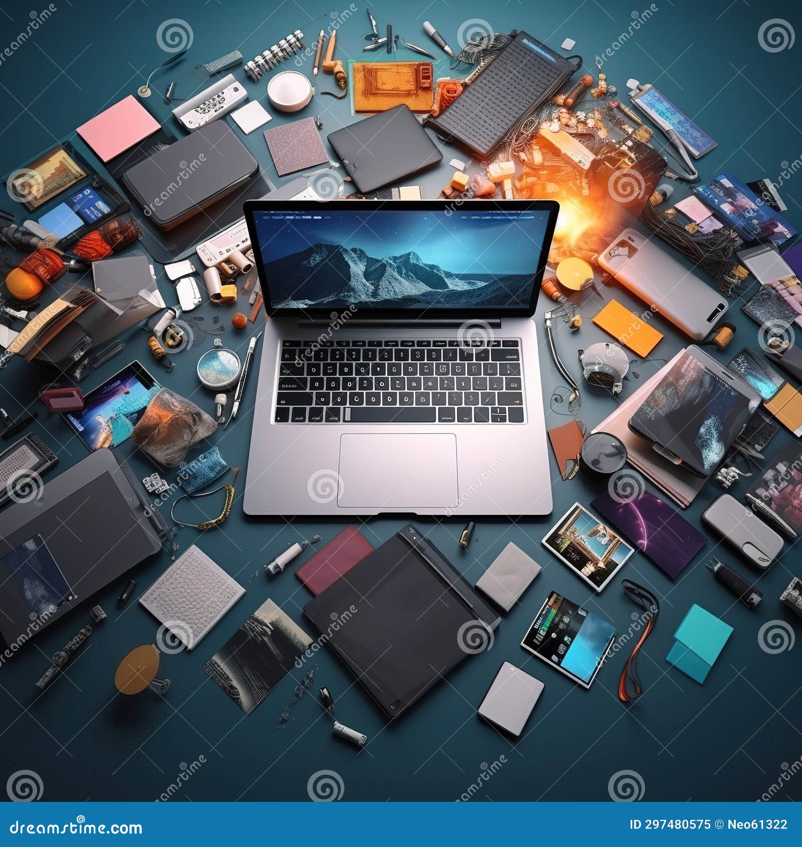 Knolling of Software Developer Tools Laptop in Center Light Background ...