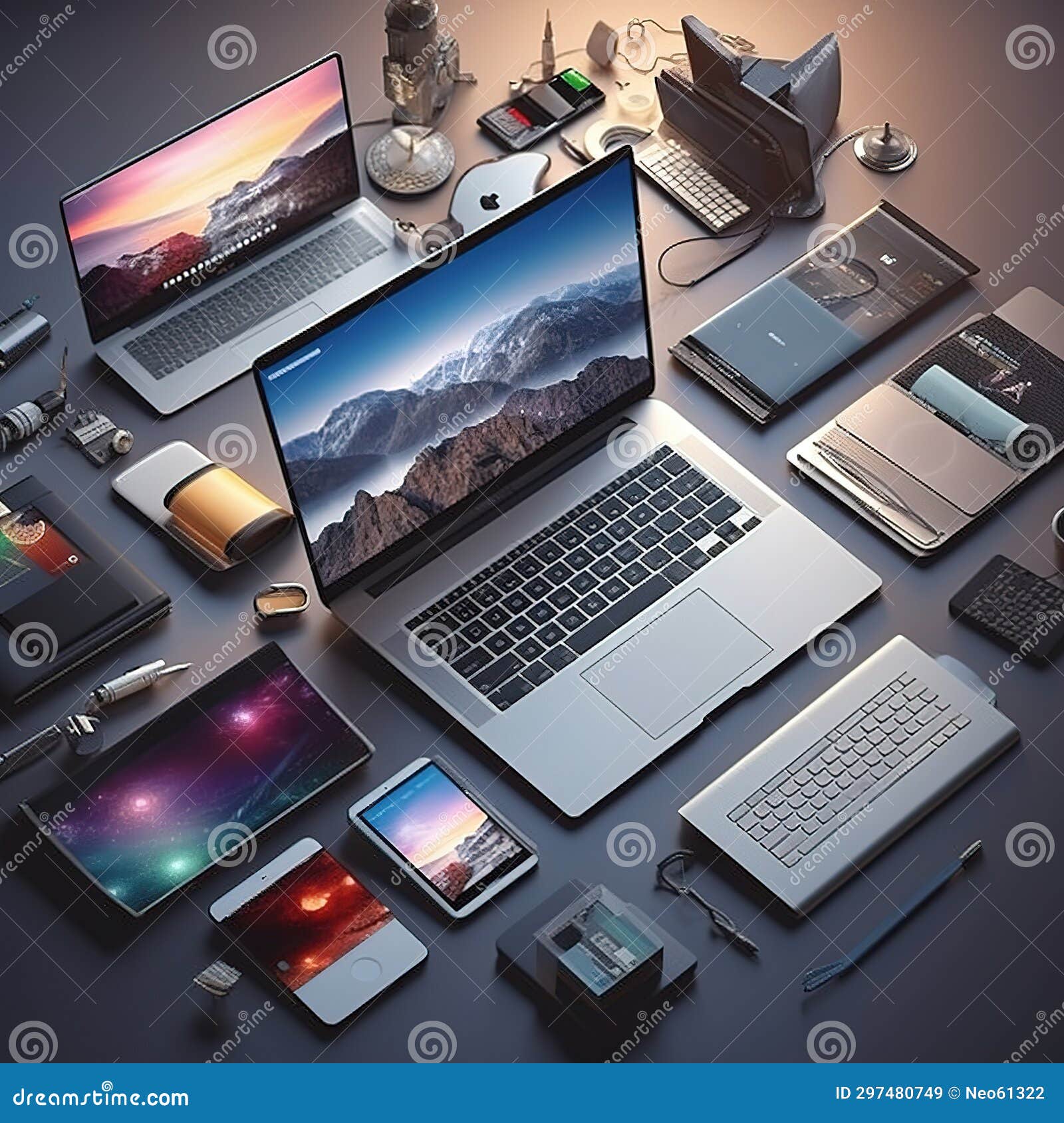 Knolling of Software Developer Tools Laptop in Center Light Background ...