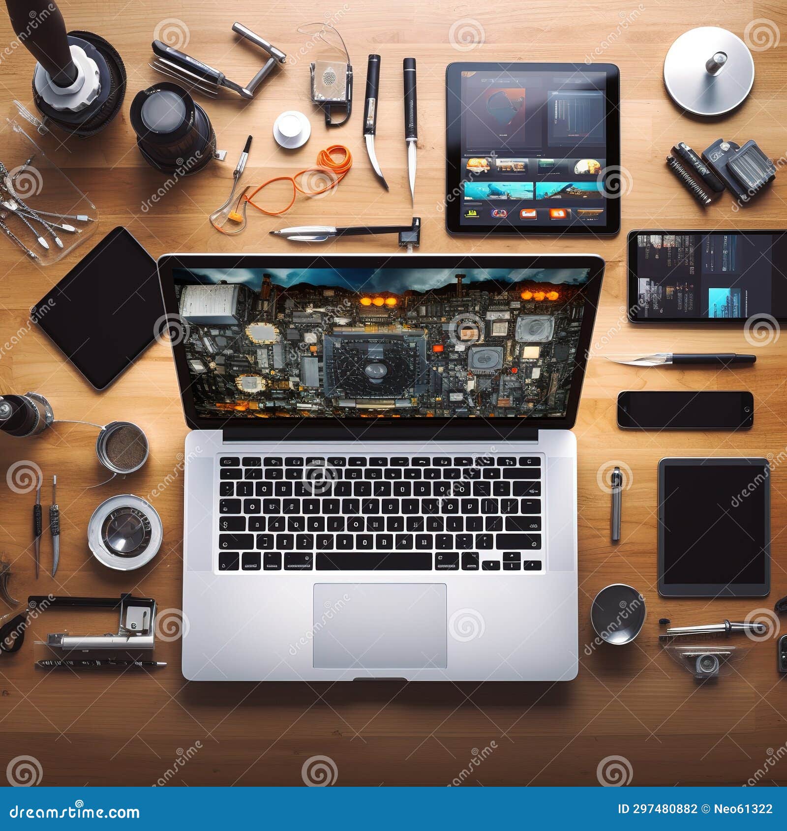 Knolling of Software Developer Tools Laptop in Center Light Background ...