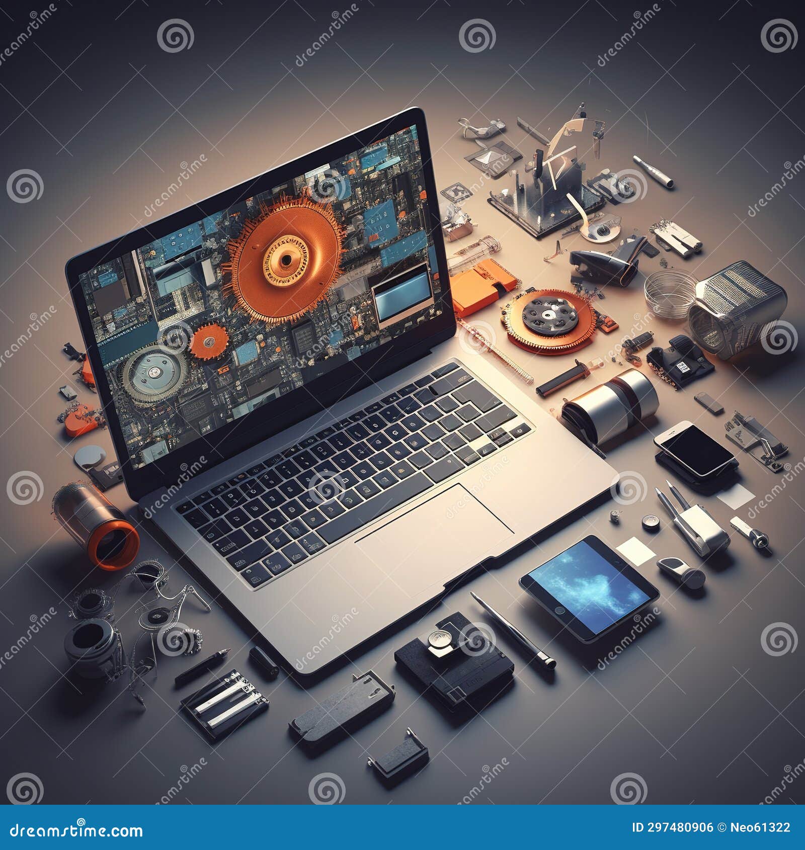 Knolling of Software Developer Tools Laptop in Center Light Background ...
