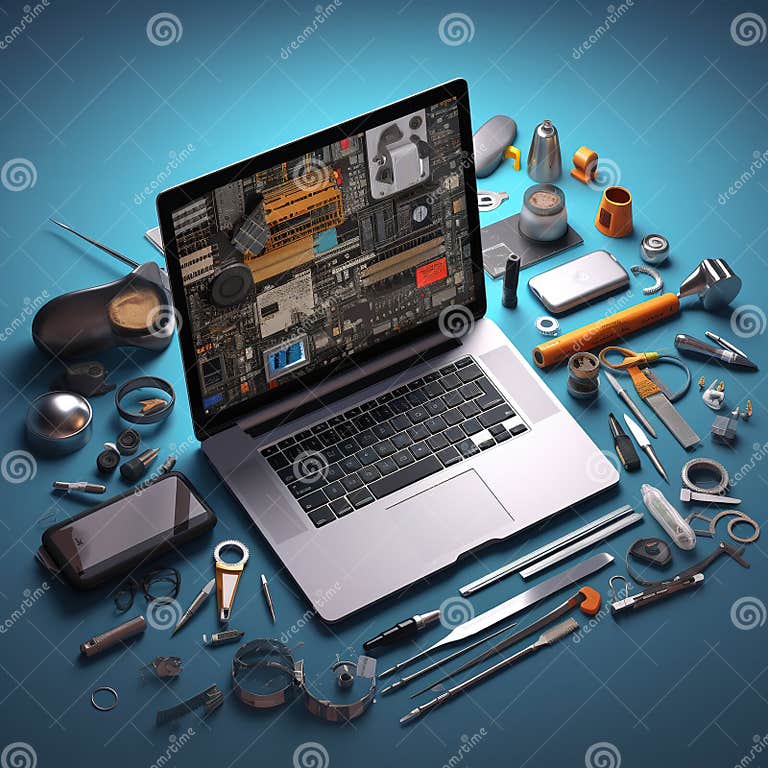 Knolling of Software Developer Tools Laptop in Center Light Background ...