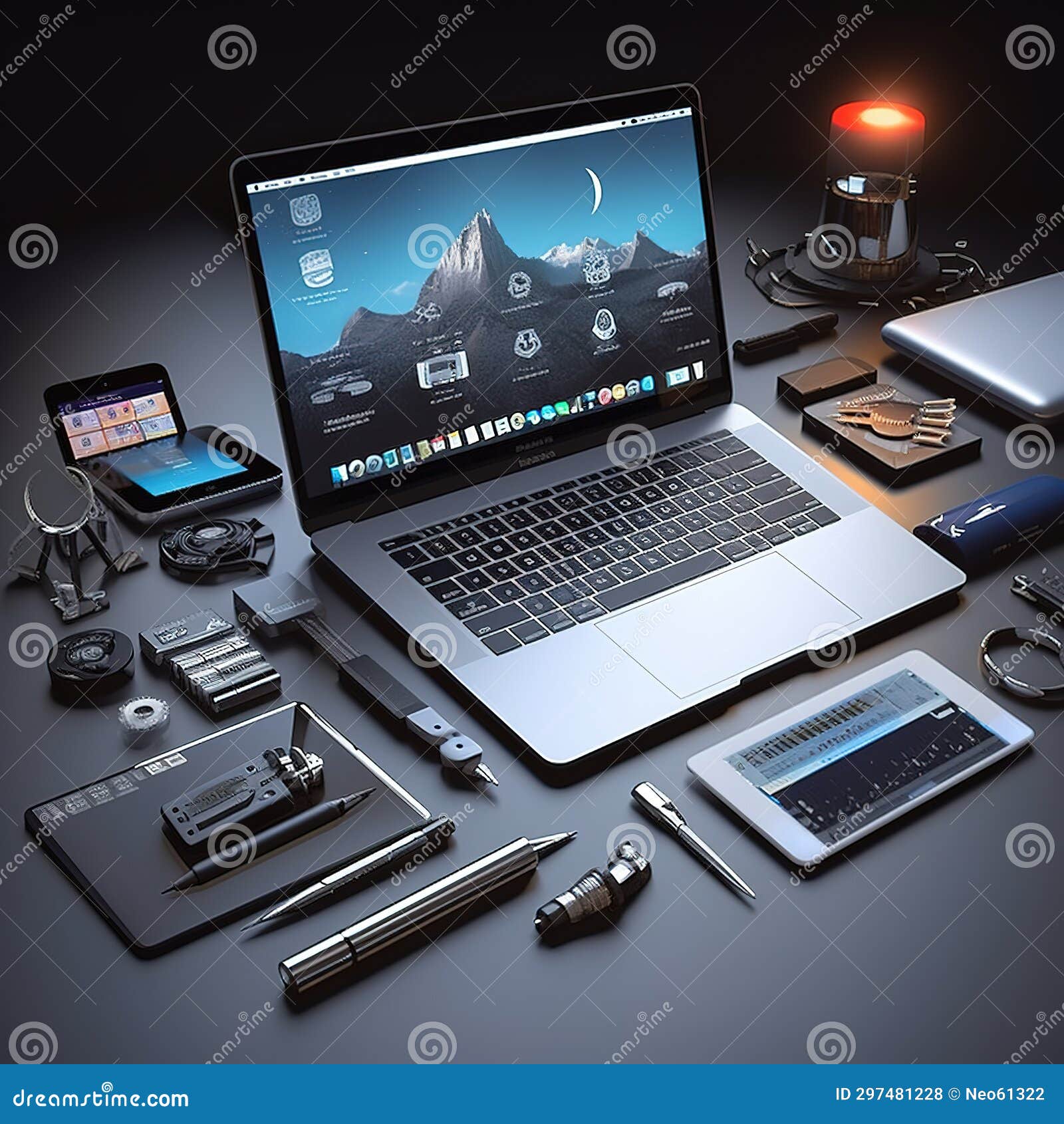 Knolling of Software Developer Tools Laptop in Center Light Background ...