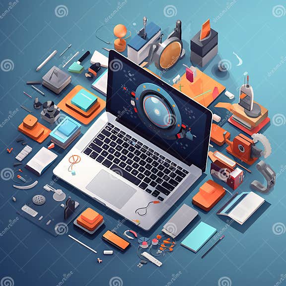 Knolling of Software Developer Tools Laptop in Center Light Background ...