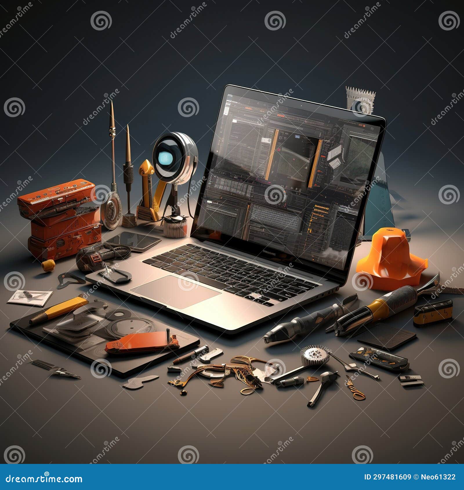 Knolling of Software Developer Tools Laptop in Center Light Background ...