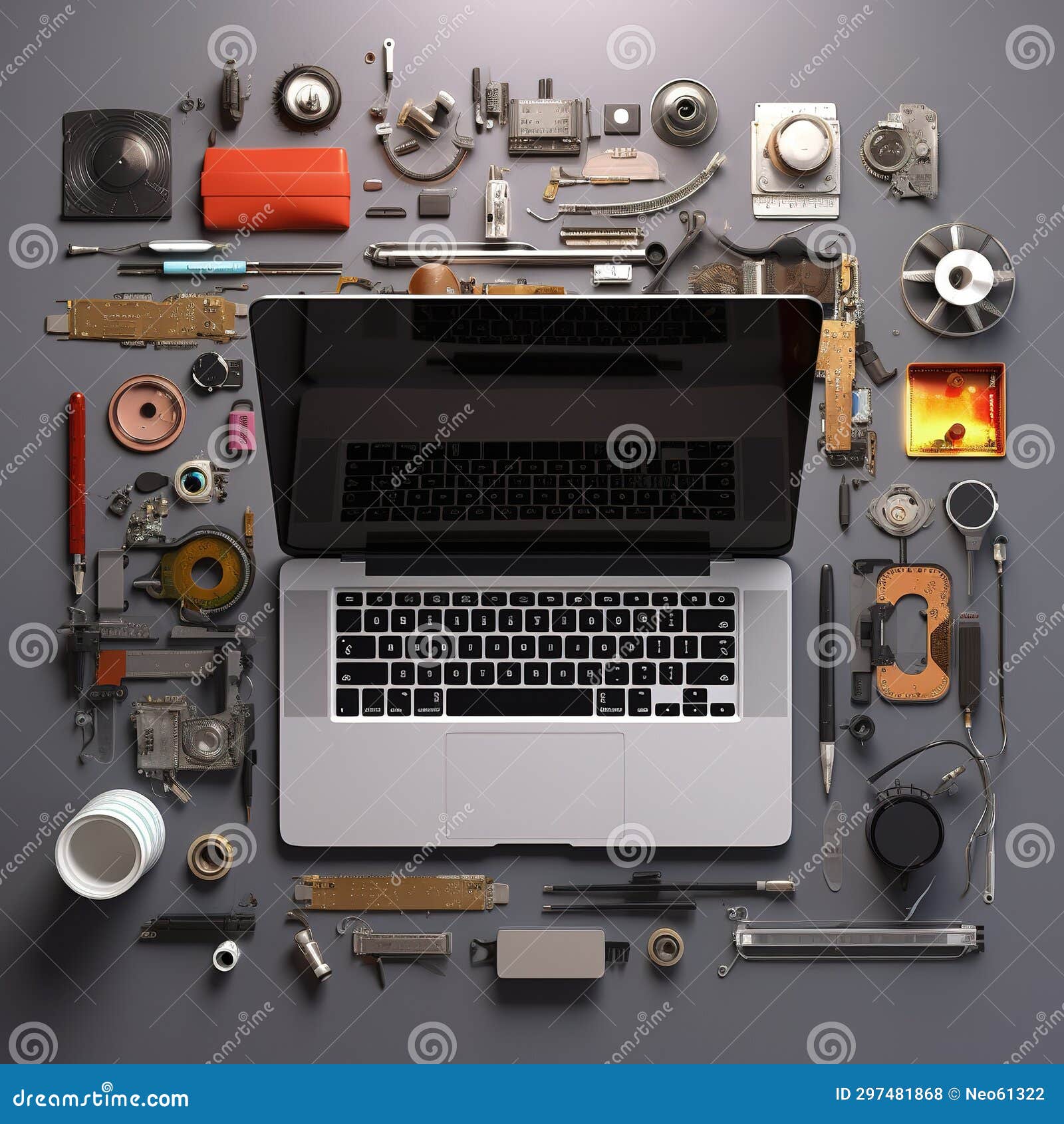 Knolling of Software Developer Tools Laptop in Center Light Background ...