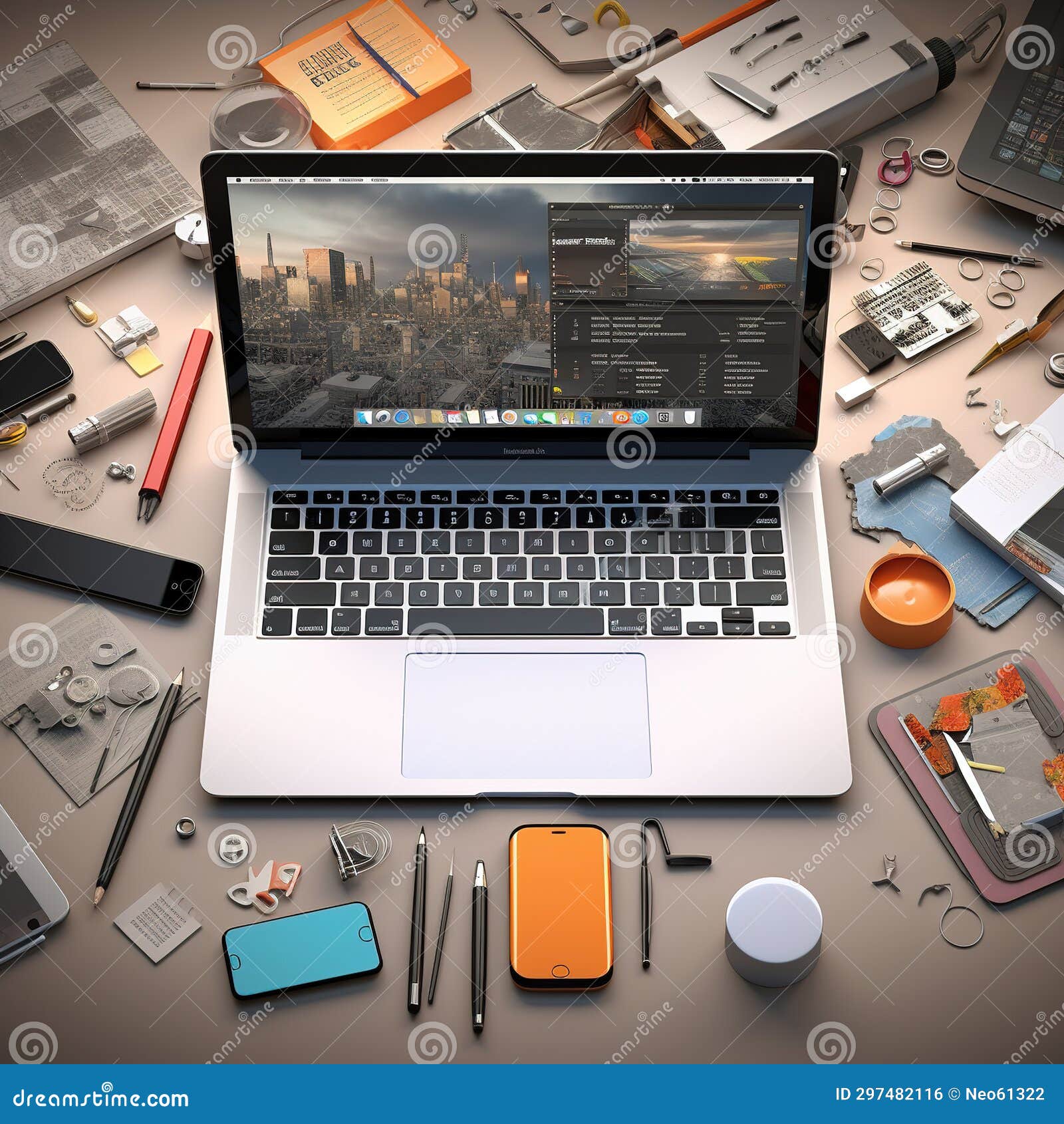 Knolling of Software Developer Tools Laptop in Center Light Background ...