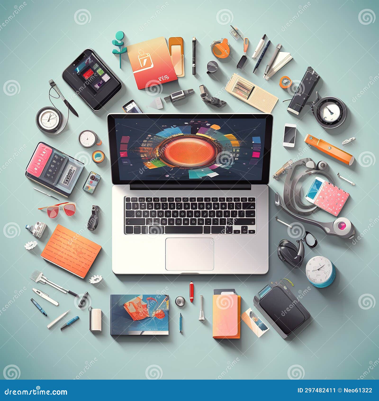 Knolling of Software Developer Tools Laptop in Center Light Background ...