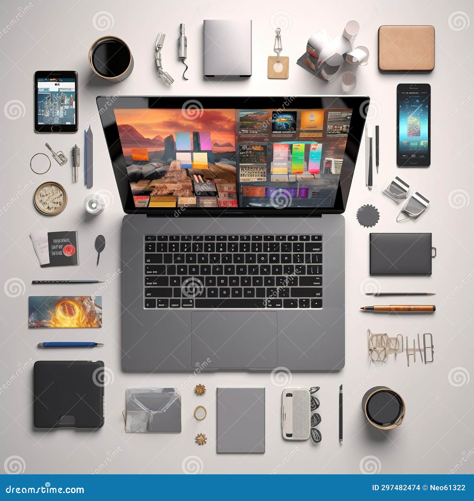 Knolling of Software Developer Tools Laptop in Center Light Background ...