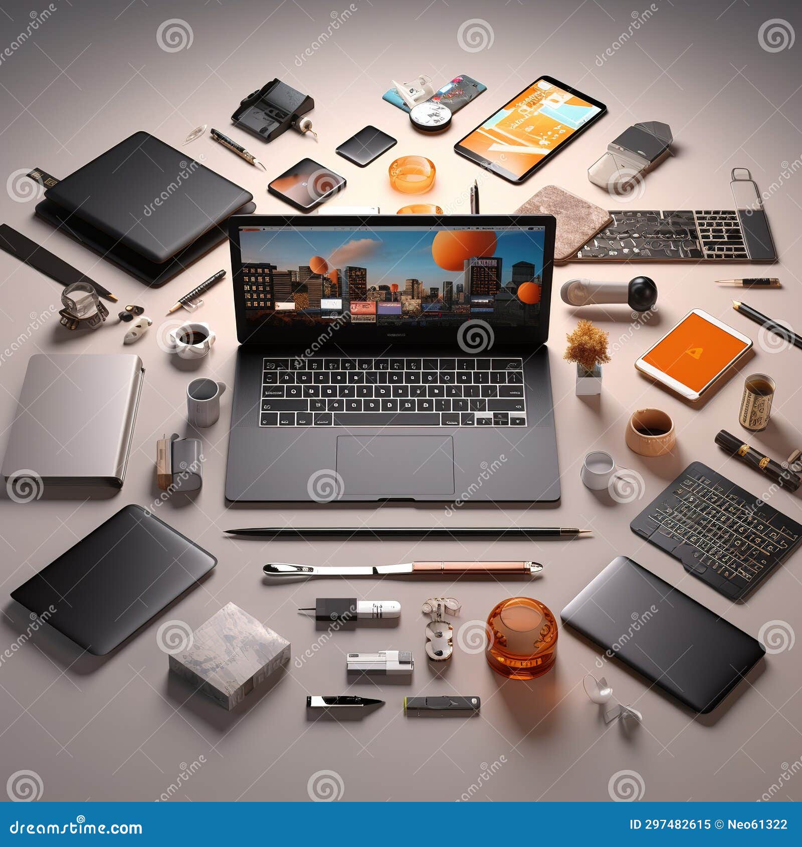 Knolling of Software Developer Tools Laptop in Center Light Background ...