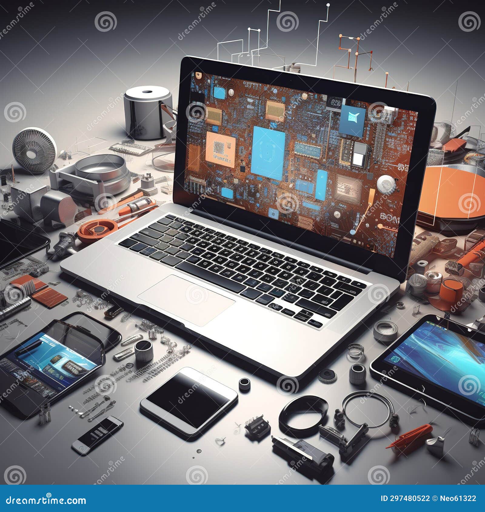 Knolling of Software Developer Tools Laptop in Center Light Background ...