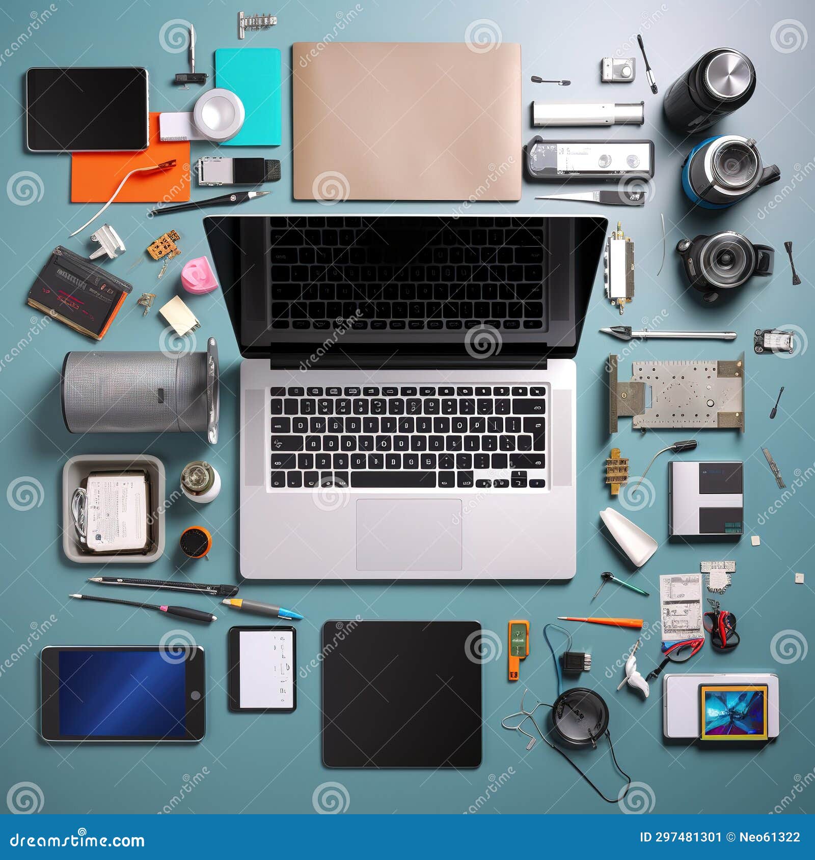 Knolling of Software Developer Tools Laptop in Center Light Background ...