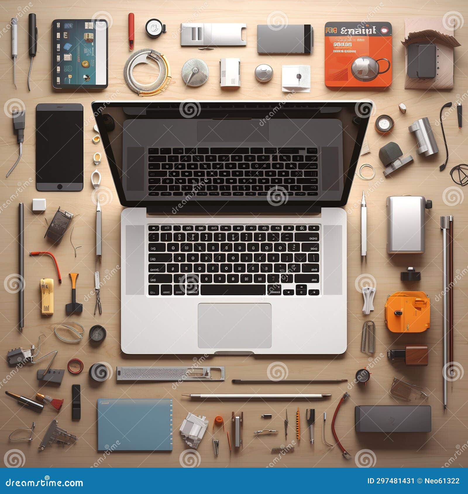 Knolling of Software Developer Tools Laptop in Center Light Background ...