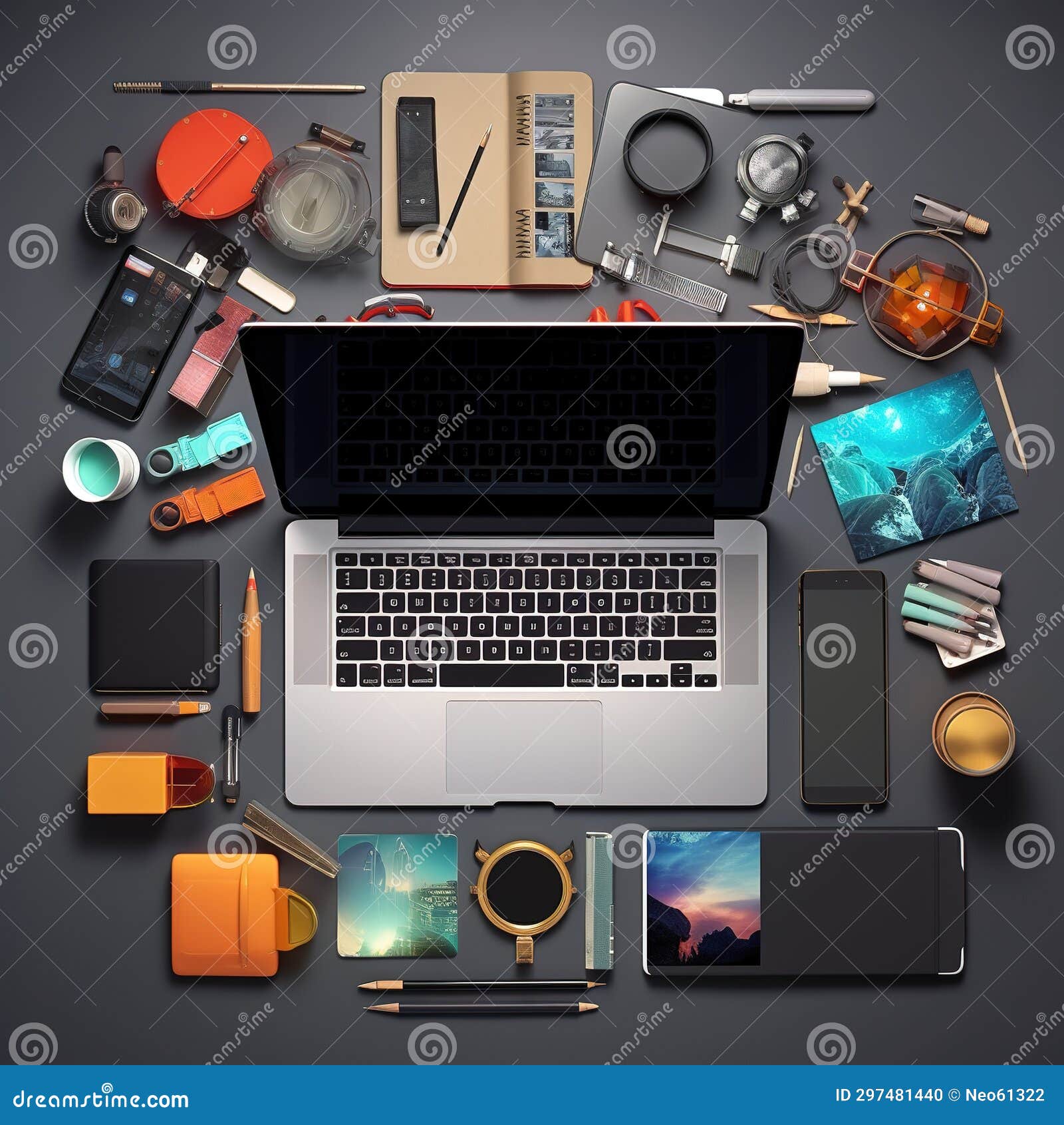 Knolling of Software Developer Tools Laptop in Center Light Background ...