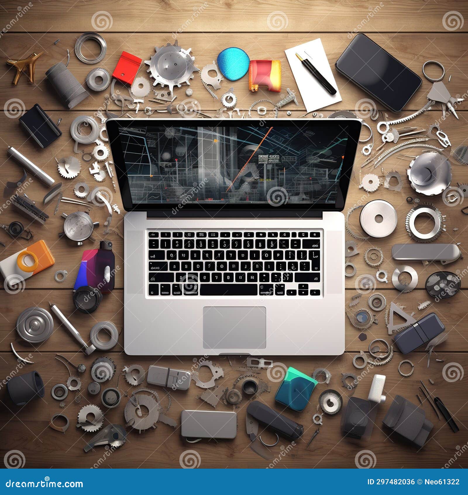 Knolling of Software Developer Tools Laptop in Center Light Background ...