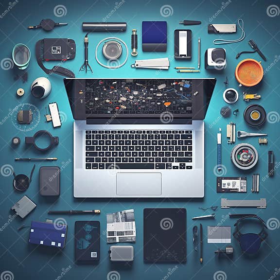 Knolling of Software Developer Tools Laptop in Center Light Background ...