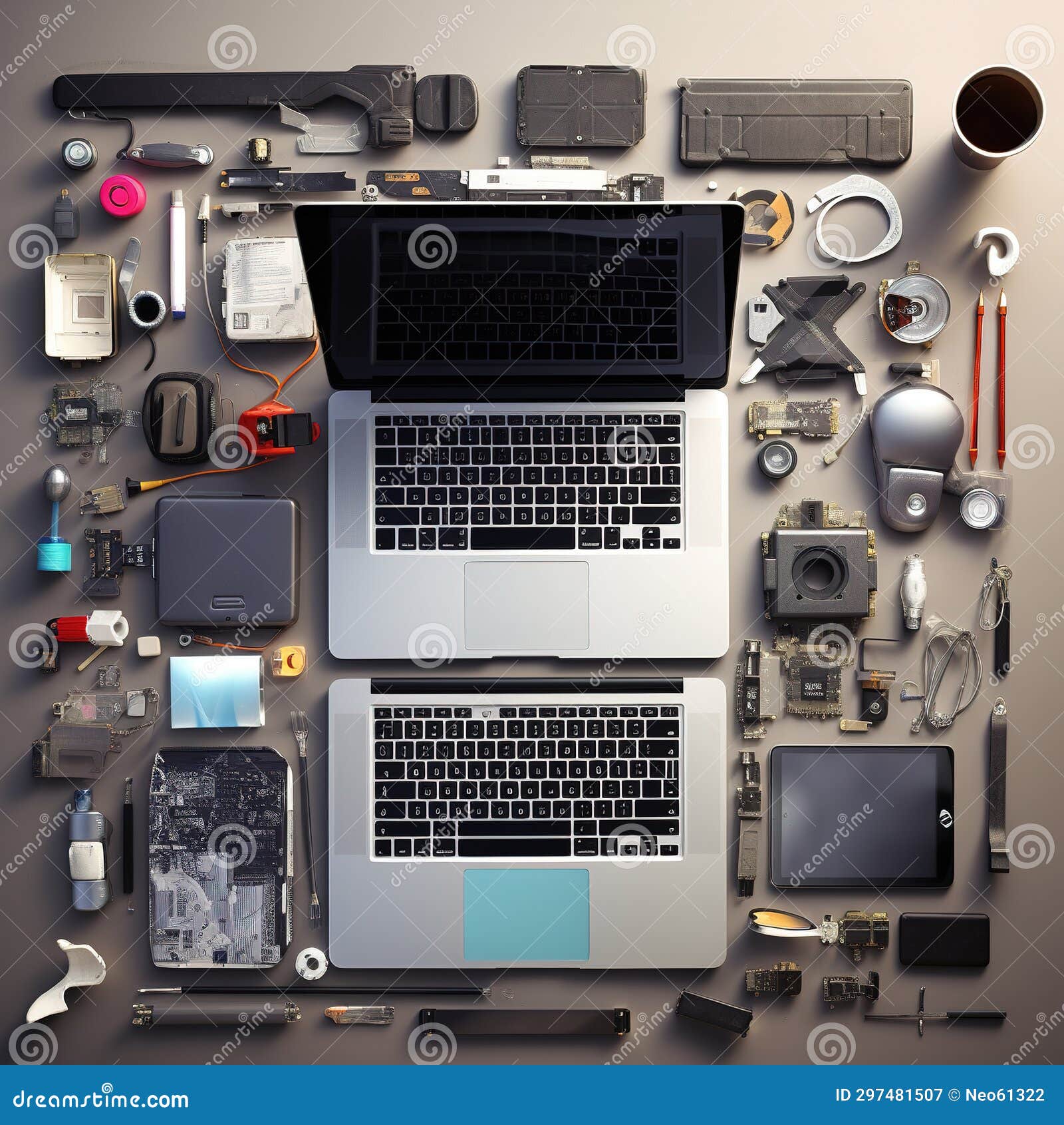 Knolling of Software Developer Tools Laptop in Center Light Background ...