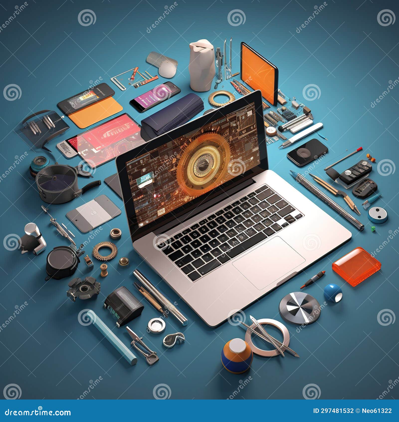 Knolling of Software Developer Tools Laptop in Center Light Background ...