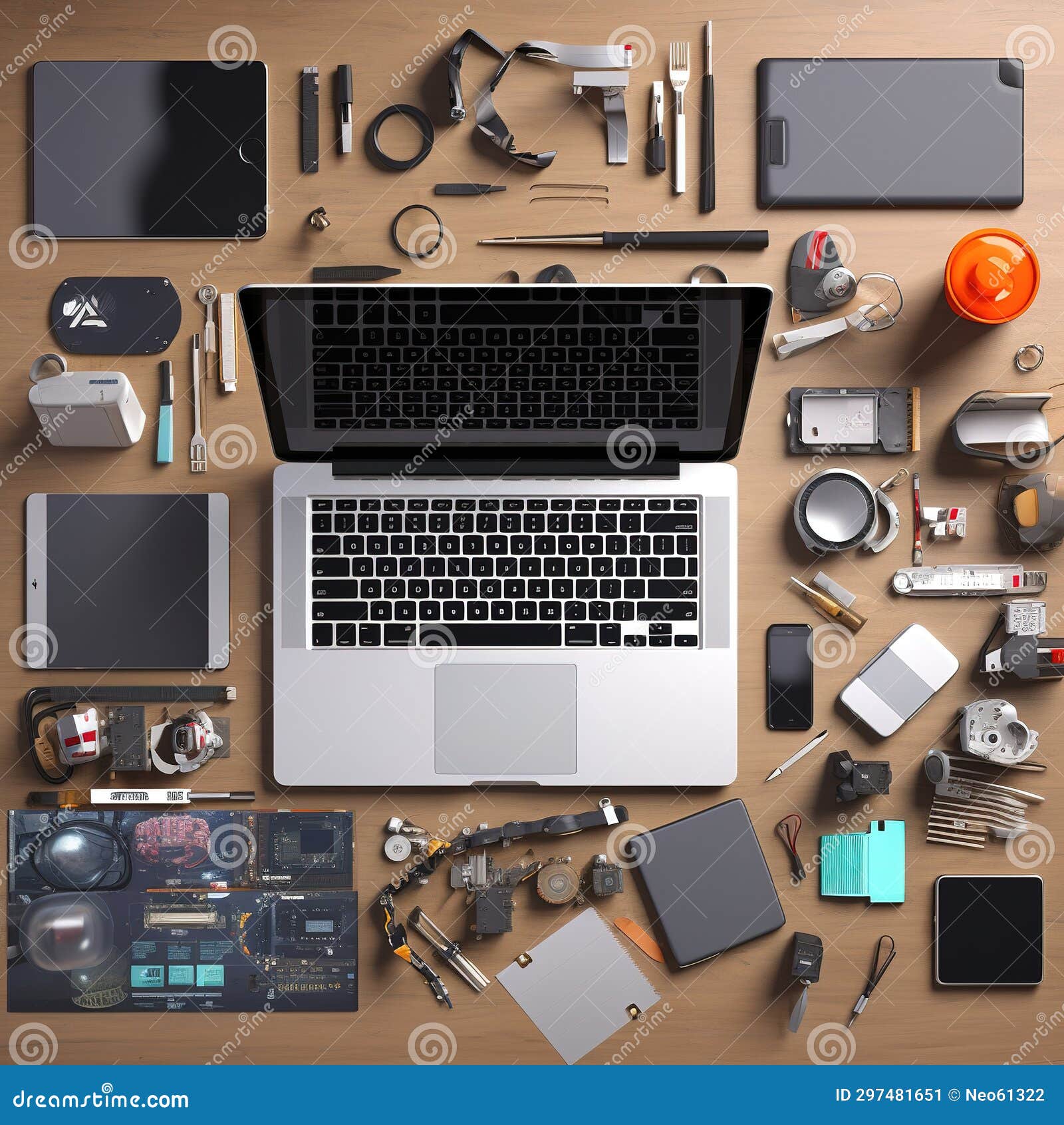 Knolling of Software Developer Tools Laptop in Center Light Background ...