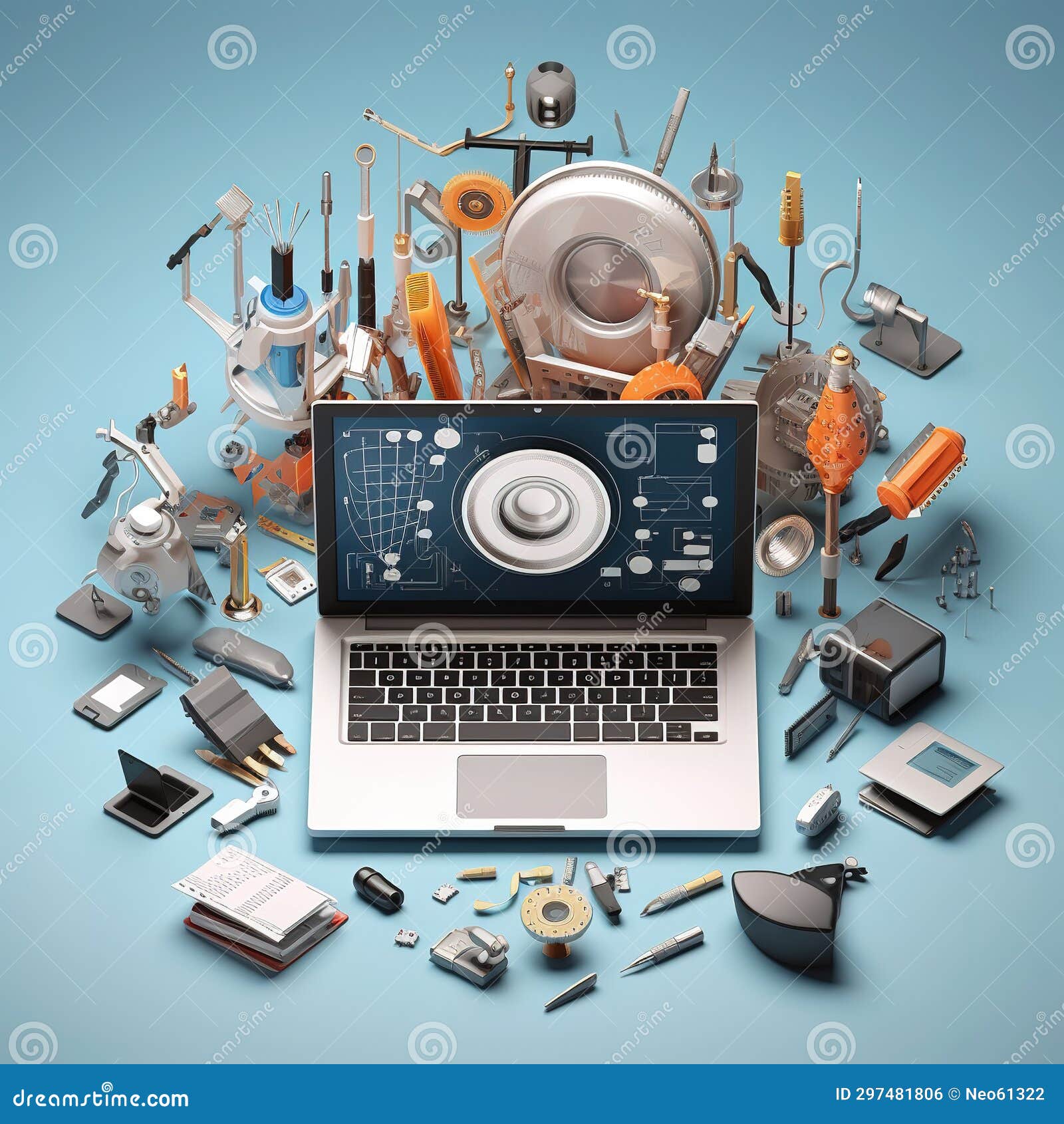 Knolling of Software Developer Tools Laptop in Center Light Background ...