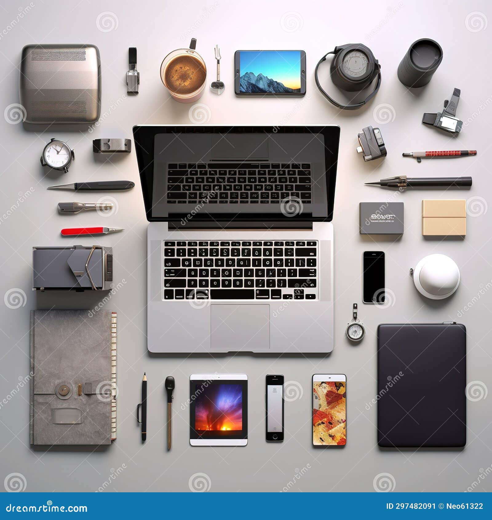 Knolling of Software Developer Tools Laptop in Center Light Background ...