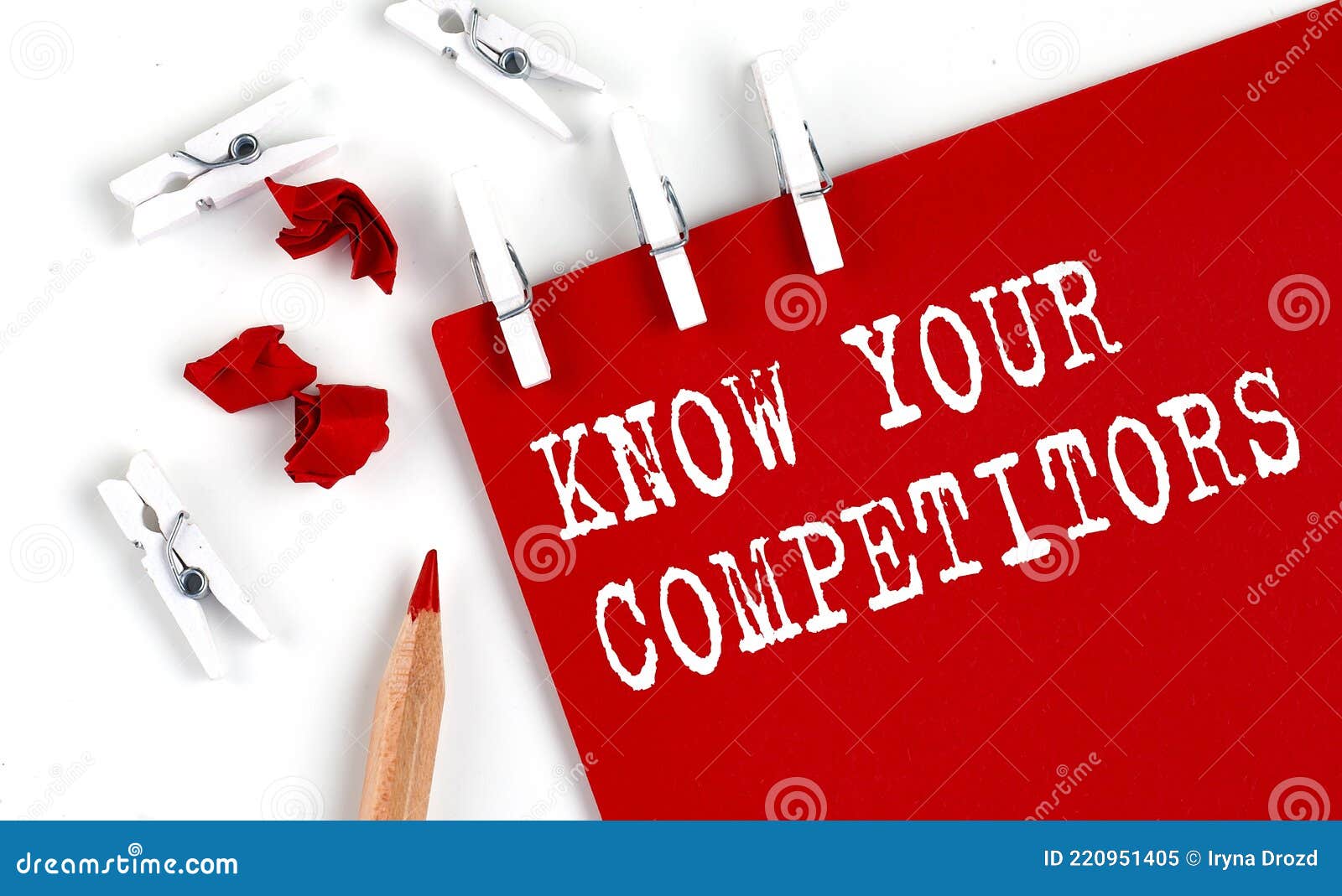 KNOW YOUR COMPETITORS Text on the Red Paper with Office Tools on White ...