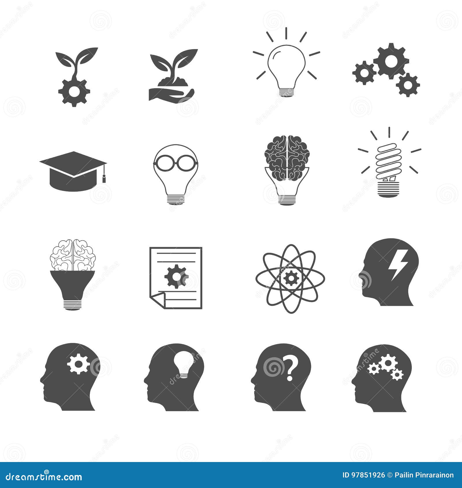 Knowledge and Creative Thinking Icons Set Stock Illustration ...