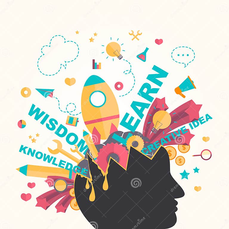 Knowledge and Creativity Icons Flow from a Man Head in Infographic ...