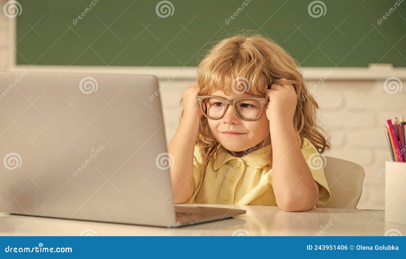 Knowledge Day. Concept of Online Education. Nerd Kid in Glasses with ...