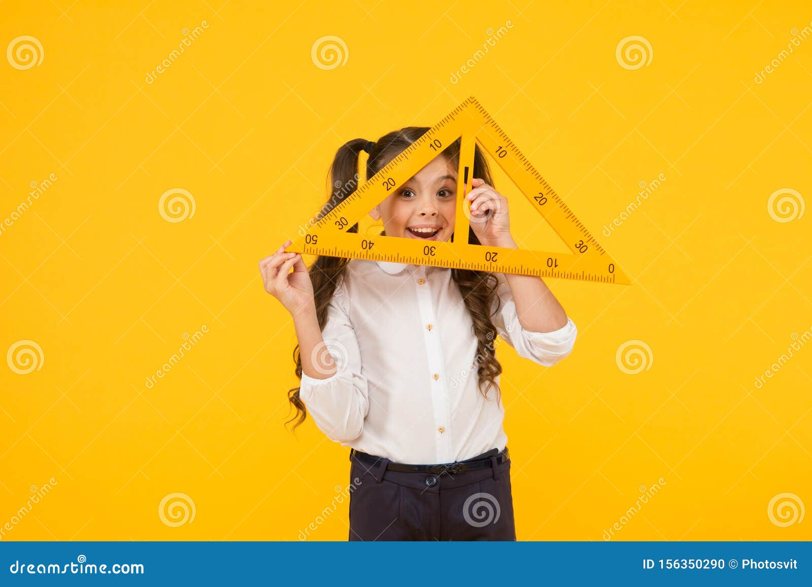 Geometry Lesson Is Much Fun. Little Girls Holding Protractor And Ruler ...