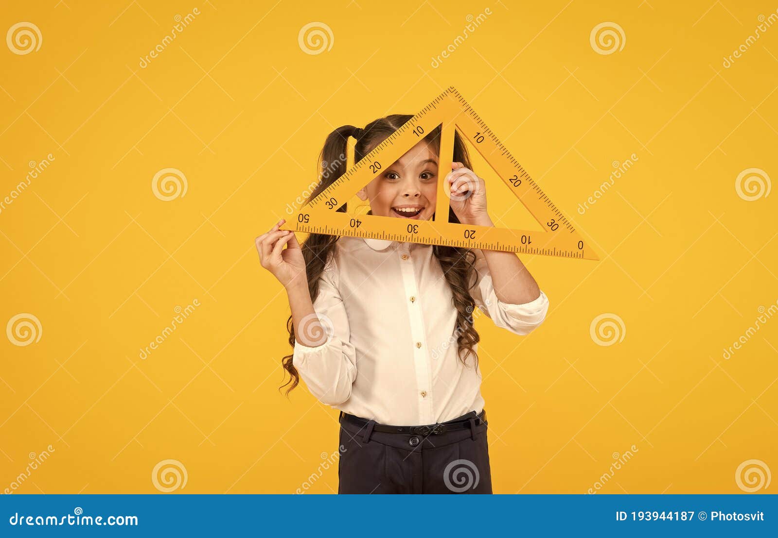 Knowledge Day. Schoolgirl School Uniform Hold Big Ruler Geometry School ...