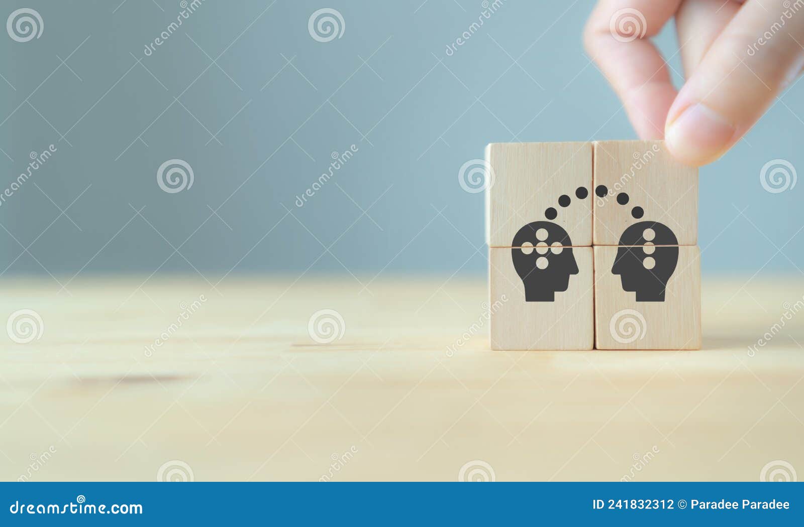 Knowledge and Ideas Sharing between Two People Head Icon on Wooden Cube. Transferring Knowledge ...