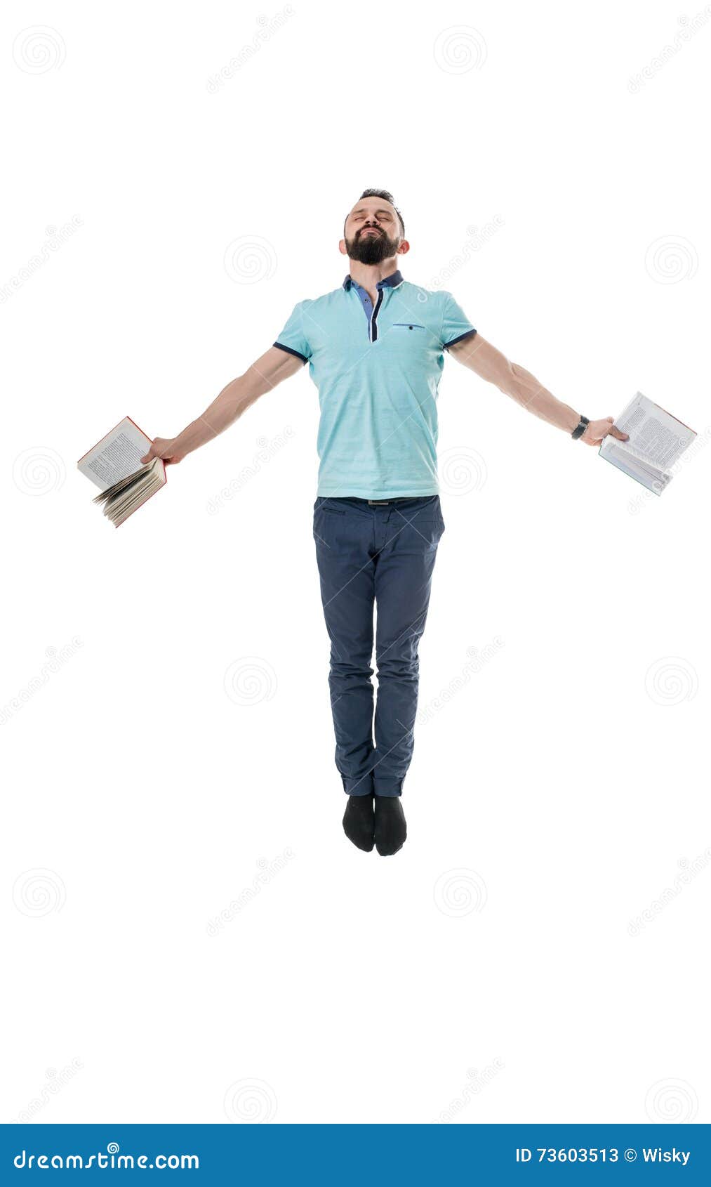 Knowledge Inspire. Man with Books Posing Jumping Stock Image - Image of ...