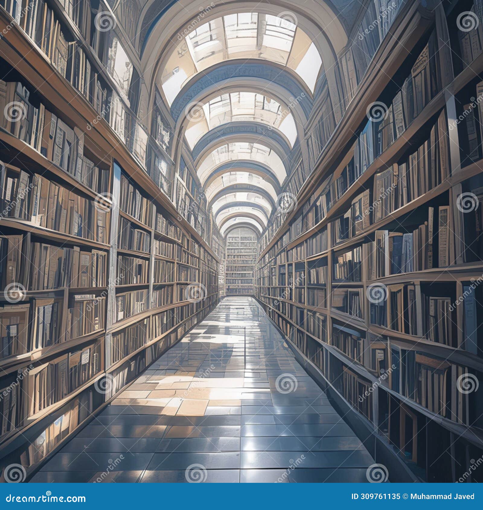 Knowledge Pathway Corridor among Bookcases in a Serene Library Setting ...