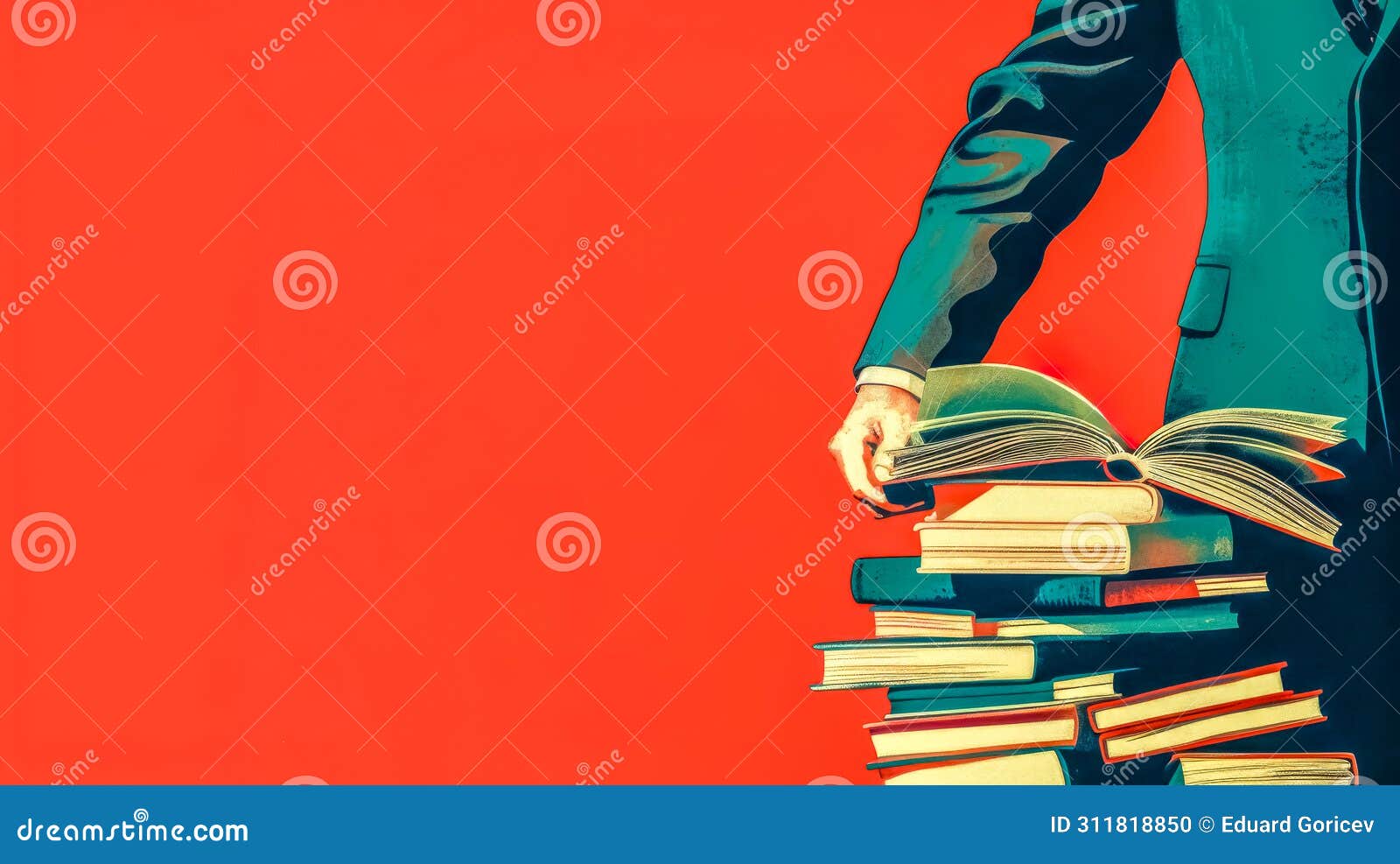 Knowledge Power: Man with Stack of Books on Red Background Stock Photo ...