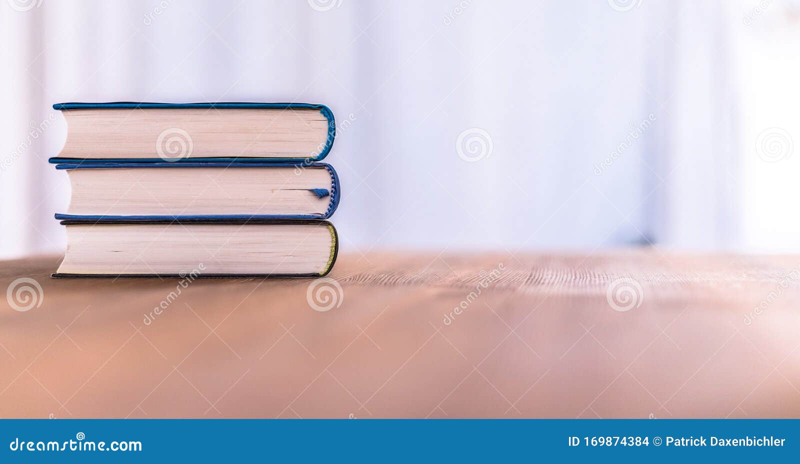 Knowledge and Science Concept: Stack of Books Lying on Wooden Desk ...